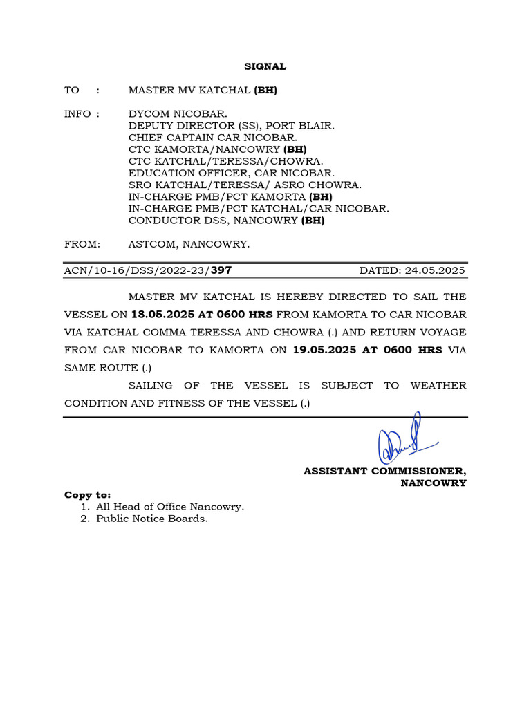 Sailing Order of MV Katchal On 18.05.2025 | PDF