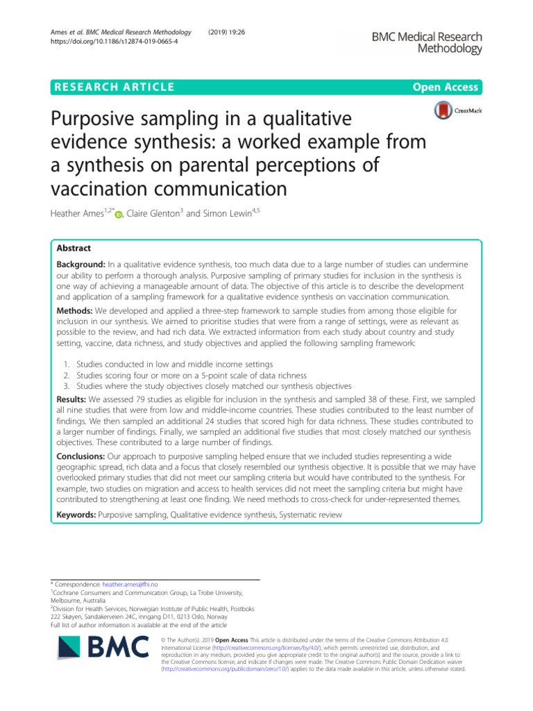 Purposive Sampling in A Qualitative Evidence Synthesis A Worked Example ...