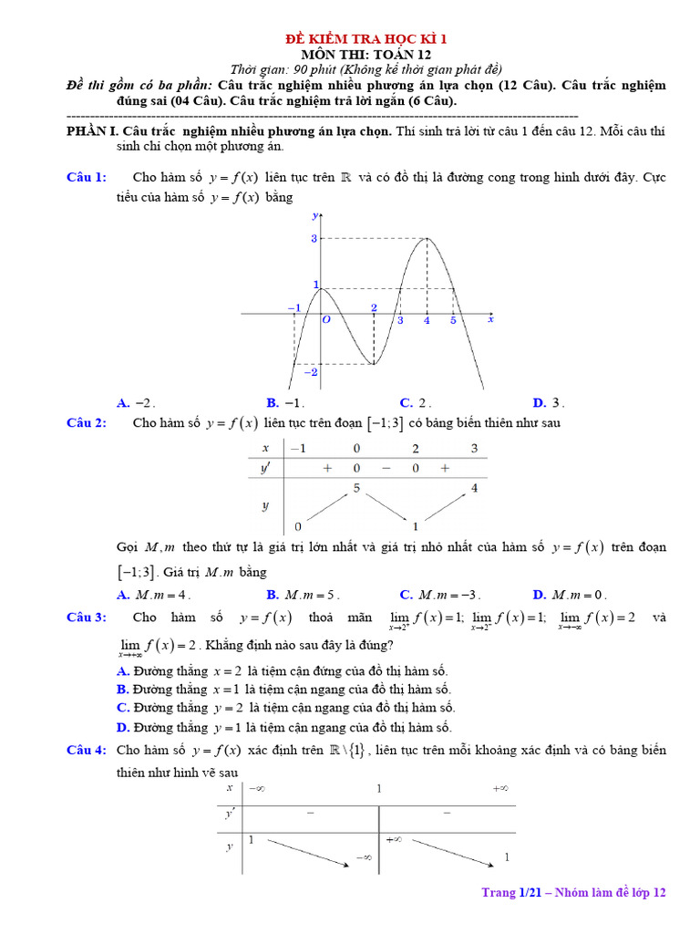Bo de Kiem Tra Cuoi Hoc Ki 1 Toan 12 Cau Truc Trac Nghiem Moi | PDF