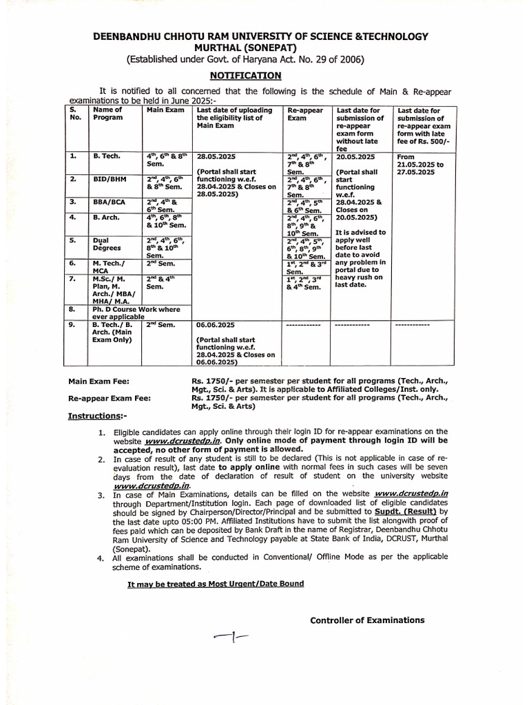 Notification Reg Main Reappear Exam June 2025 | PDF