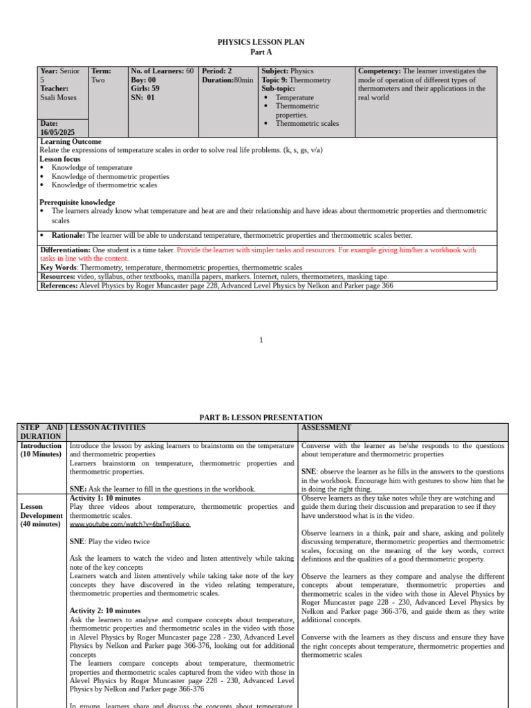 Physics Lesson Plan 16 05 2025 | PDF | Thermometer | Temperature