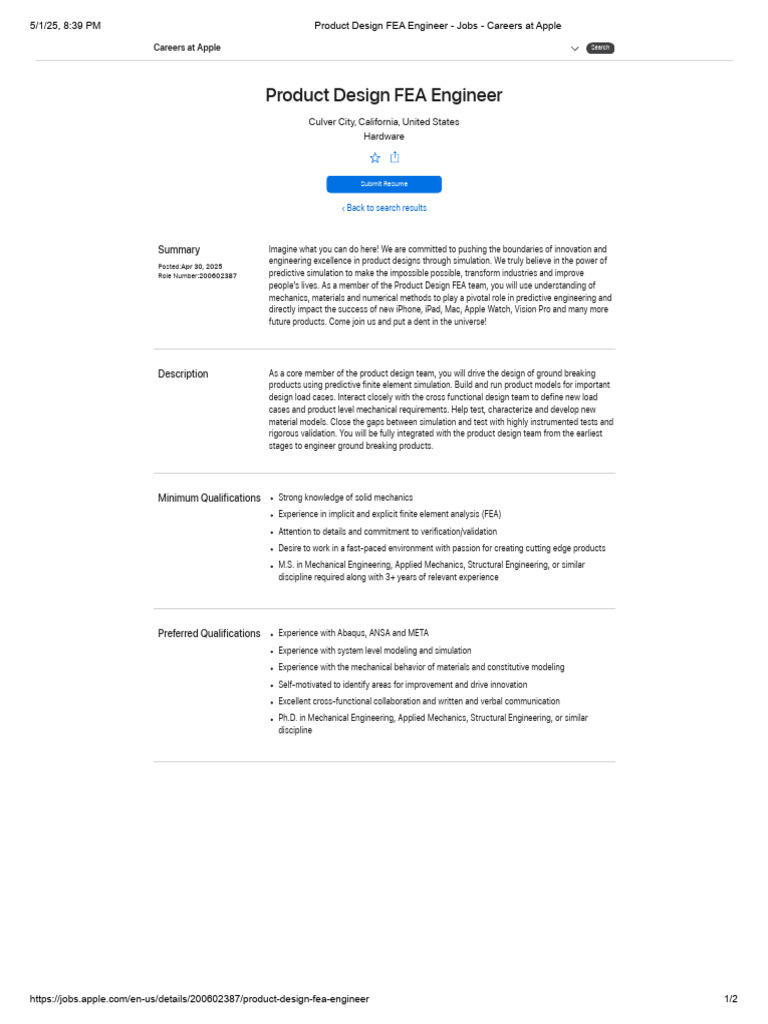 Product Design FEA Engineer - Jobs - Careers at Apple | PDF | Apple Inc ...