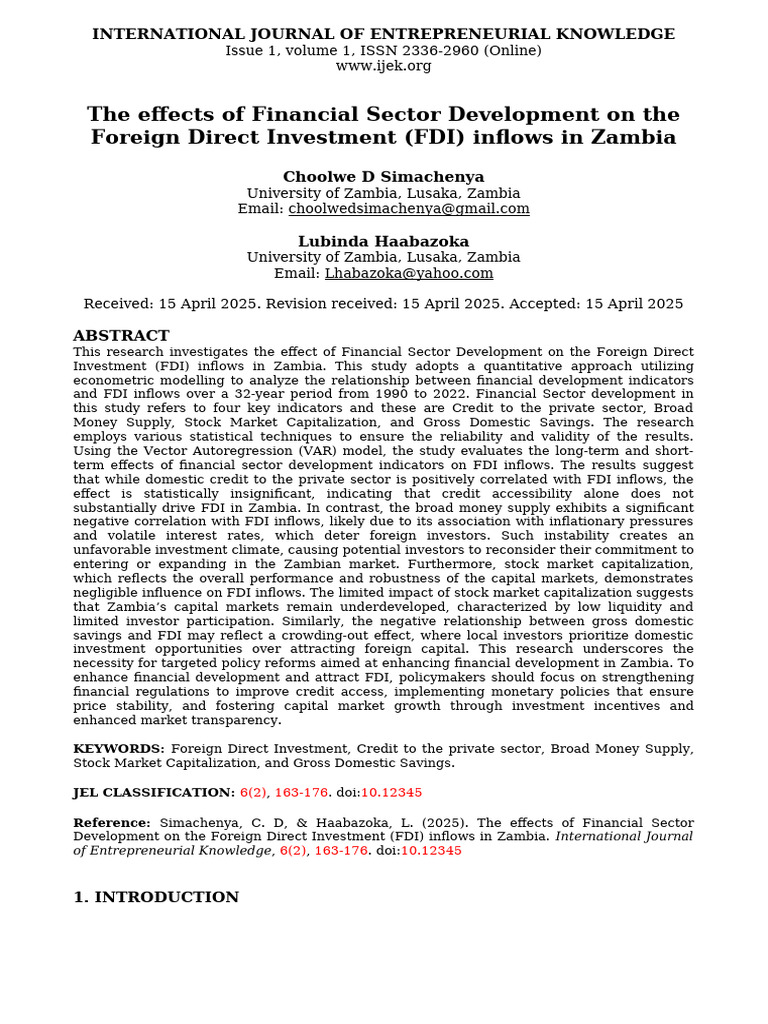 IJEK Publishing - Choolwe D Simachenya | PDF | Foreign Direct ...