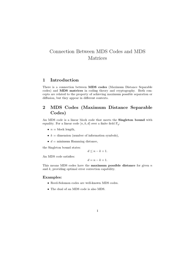 Connection Between MDS Codes and MDS Matrix | PDF | Matrix (Mathematics) | Encodings