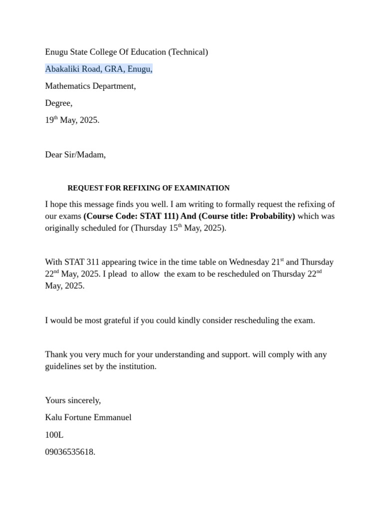 Request to Reschedule STAT 111 Exam | PDF