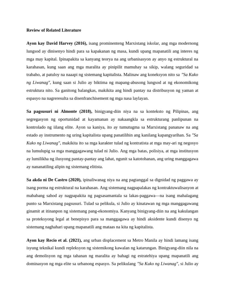 Review of Related Literature Ayon Kay David Harvey (2016) ,: "Sa Kuko ...
