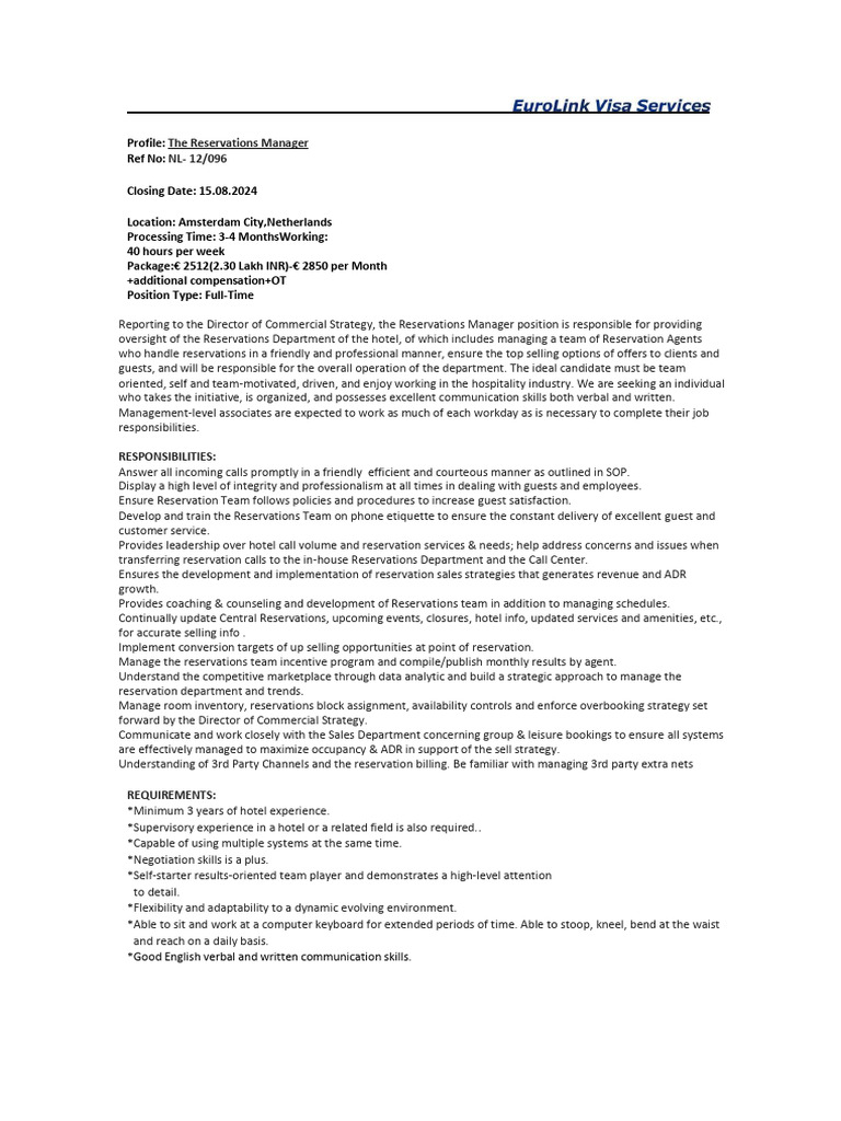 Reservations Manager Job in Amsterdam | PDF | Employment | Overtime