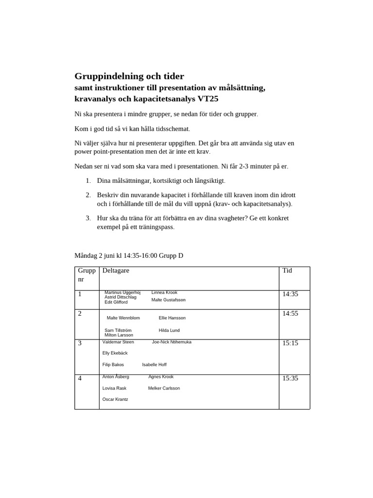 Redovisning Gruppindelning Grupp D VT2025 | PDF