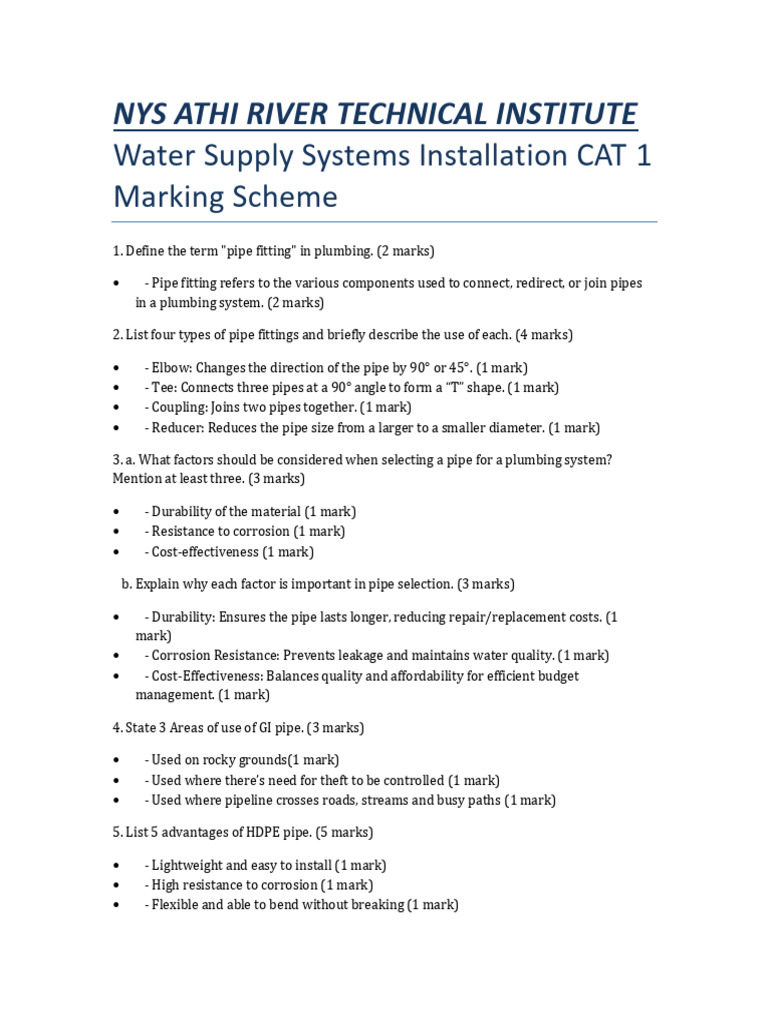 Water Supply CAT1 marking scheme | PDF