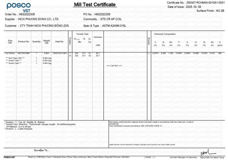 (08.03.2025) MTC 316L-2B 3 X 1500 X C X 8664KG - POSCO | PDF | Applied And Interdisciplinary ...