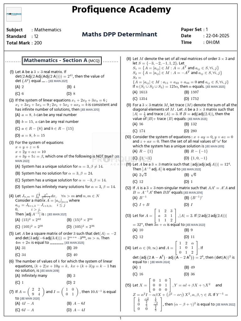 Maths DPP Determinant 1745321246 | PDF | Matrix (Mathematics) | Determinant