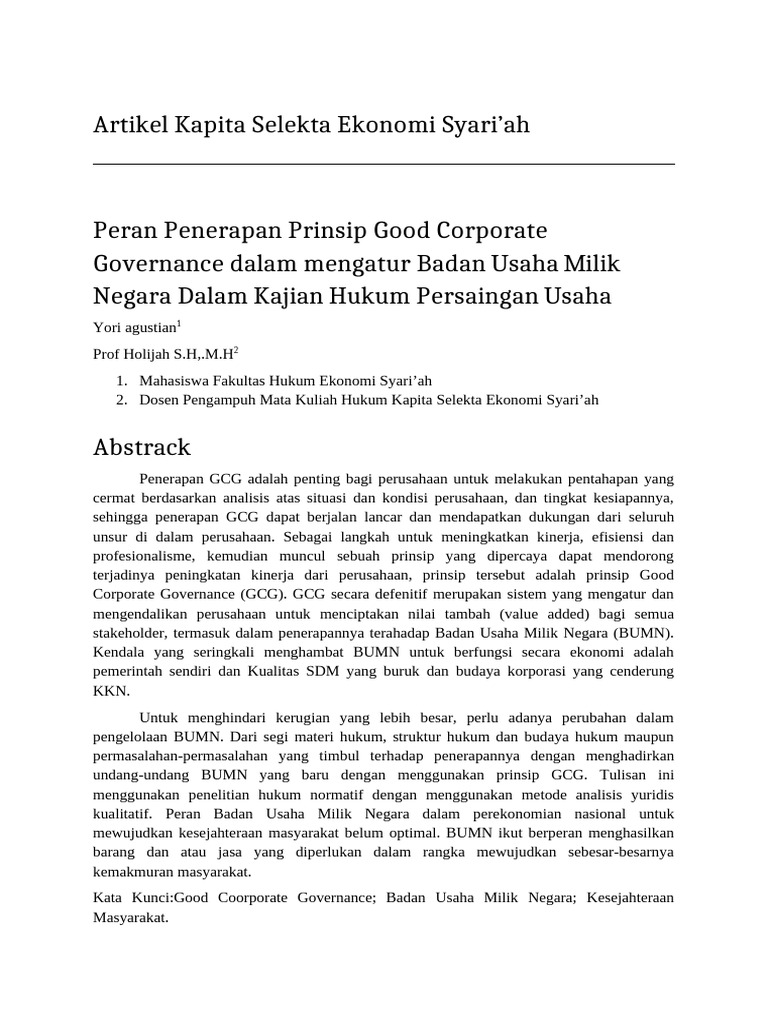 Peran Penerapan Prinsip Good Corporate Governance Dalam Mengatur Badan Usaha Milik Negara | PDF