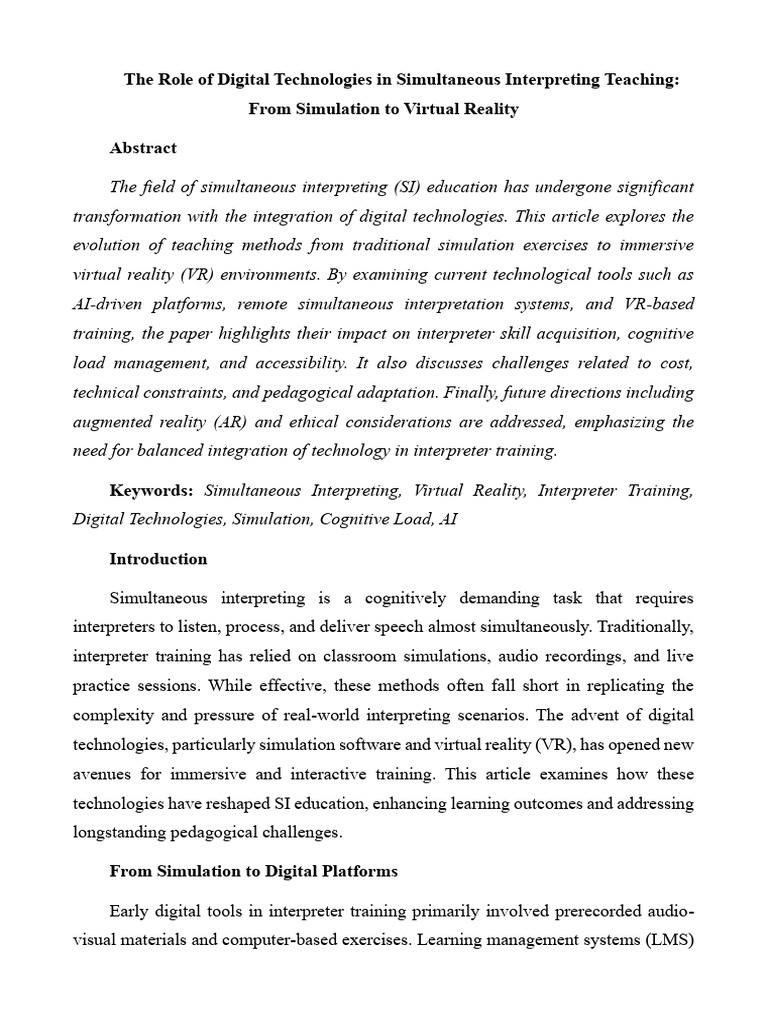 The Role of Digital Technologies in Simultaneous Interpreting Teaching | PDF | Virtual Reality ...