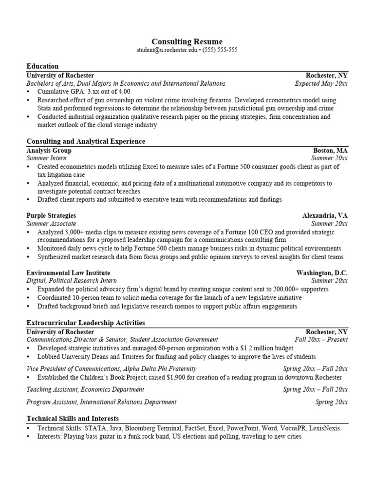 Consulting Resume Template For Students Pdf