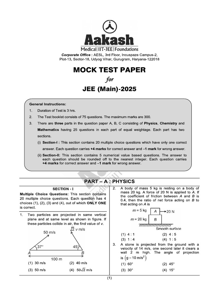 Mock Test For JEE Main 2025 | PDF