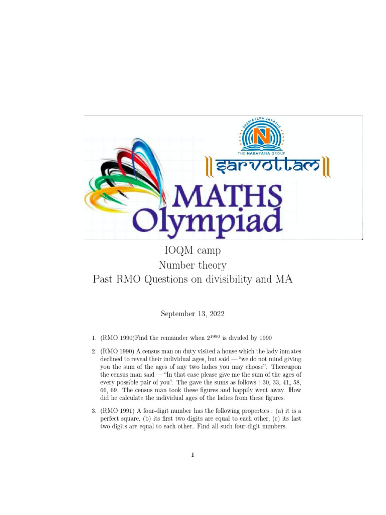 Past RMO Questions On Divisibility and MA | PDF | Prime Number ...