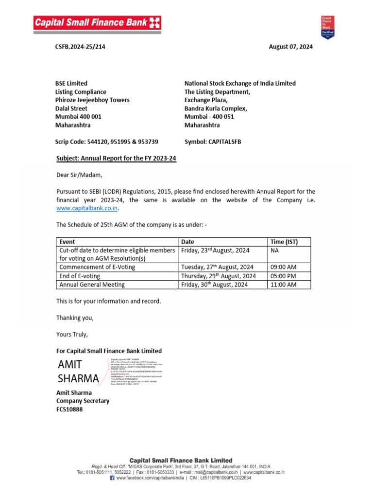 Capital Small Finance Bank Annual Report 2023-24 | PDF | Banks | Debit Card