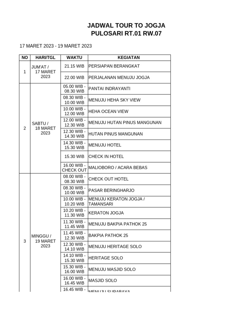 Jadwal Tour Jogja 17-19 Maret 2023 | PDF
