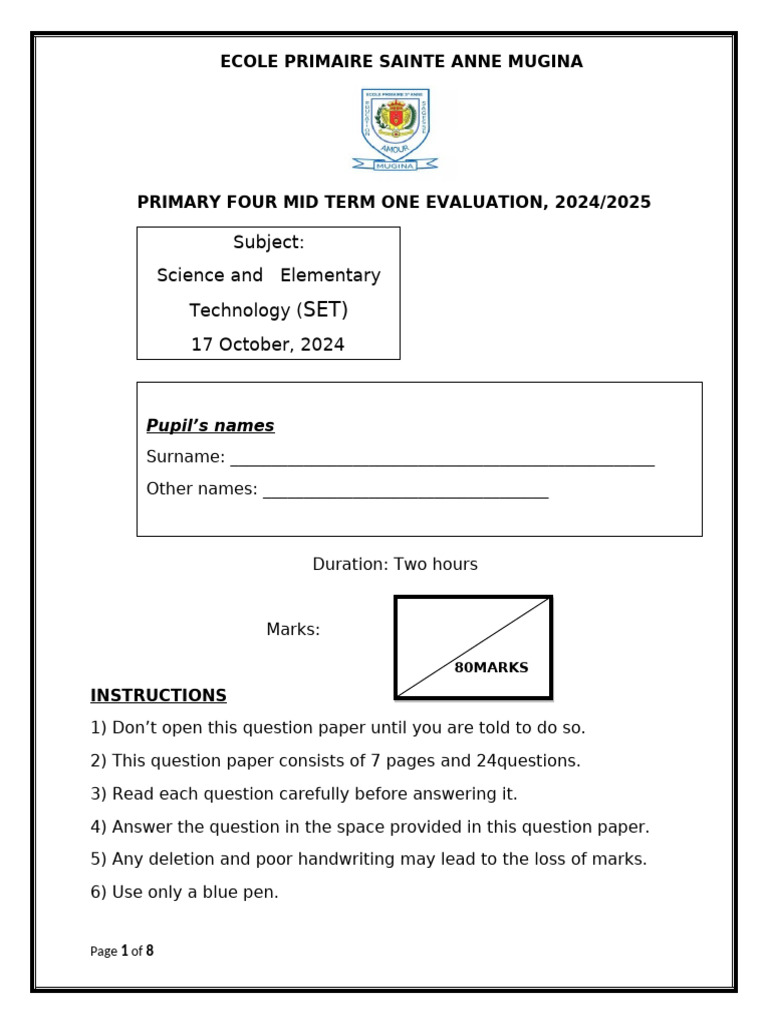 Set P4 Mid Term One 2024 - 2025 | PDF