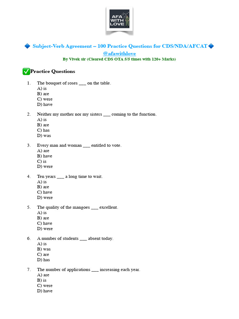 Subject-Verb Agreement Practice Set | PDF | Plural | Grammatical Number