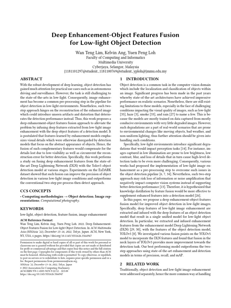 2022 - Deep Enhancement-Object Features Fusion For Low-Light Object Detection | PDF | Artificial ...