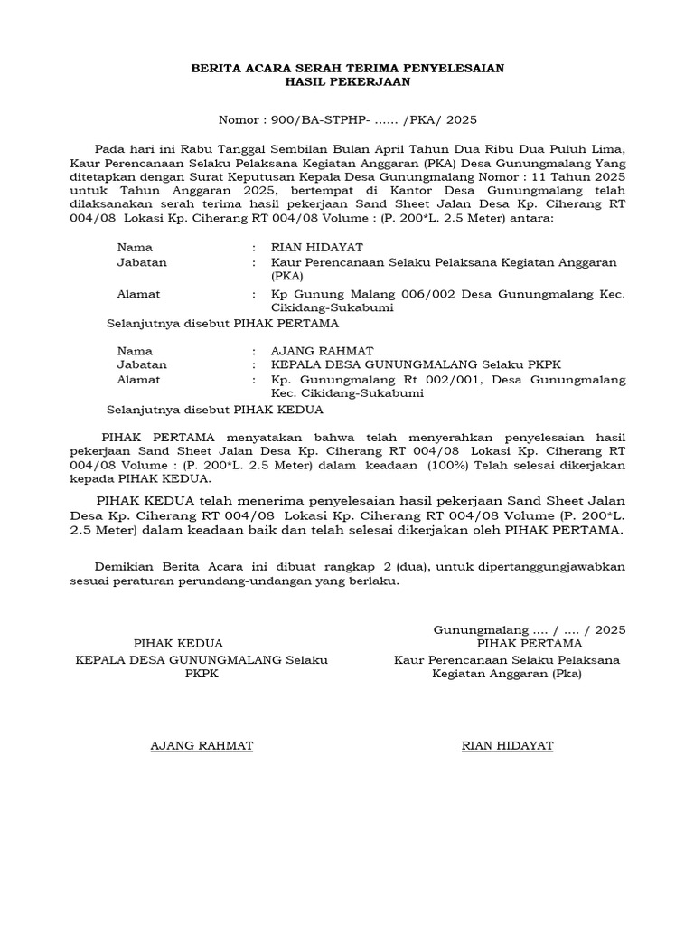 Berita Acara Serah Terima Ke Kepala Desa | PDF