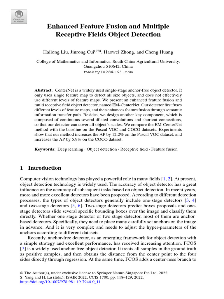 2022 - Enhanced Feature Fusion and Multiple Receptive Fields Object Detection | PDF | Computer ...