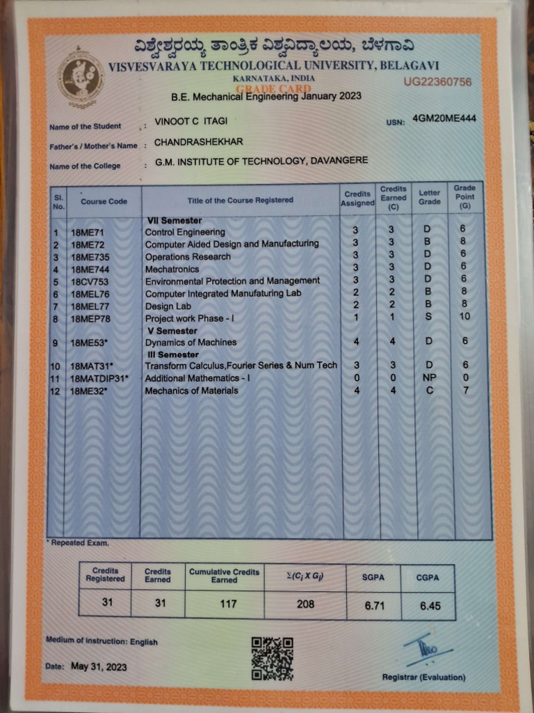 4GM20ME444 Engineering Marks Card - Compressed | PDF