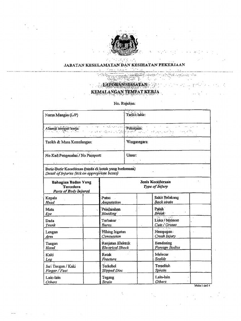 Borang Laporan Siasat Kemalangan Di Tempat Kerja | PDF