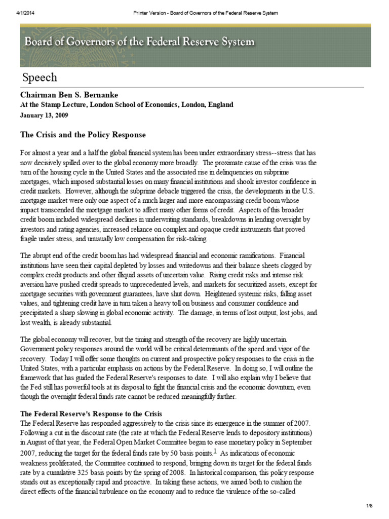 Bernanke, The Crisis and Policy Response | PDF | Federal Reserve ...