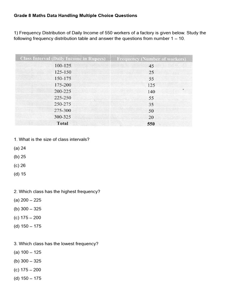 Data Handling Worksheet Class 8 | PDF