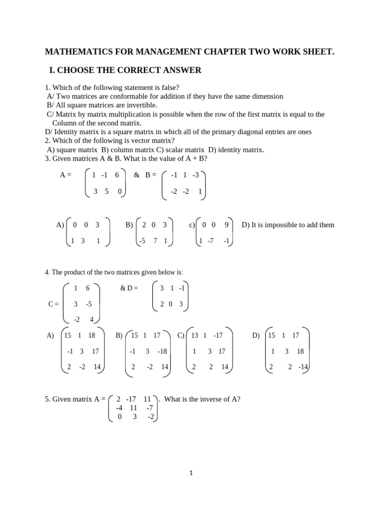 Mathematics For Management Chapter Two Work Sheet | PDF | Matrix ...