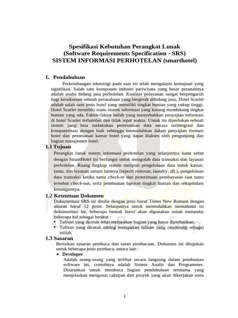 Contoh SRS (SKPL) Sistem Informasi Hotel | PDF