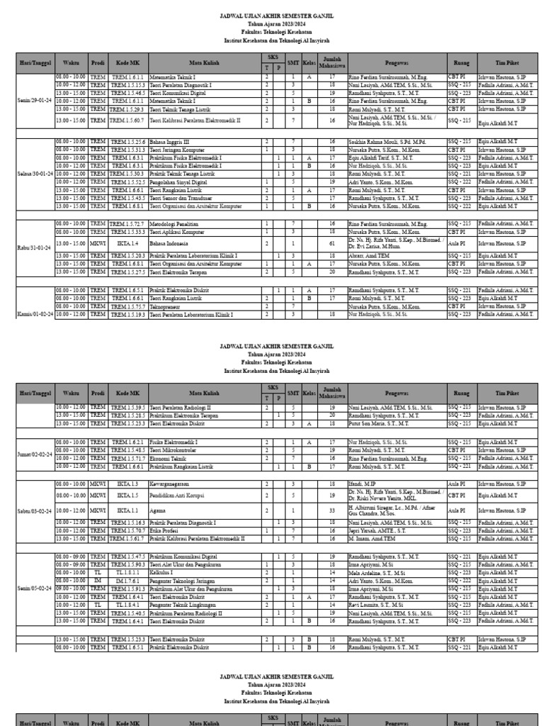 Jadwal Pelaksanaan UAS Ganjil 2023 2024 - Jadwal UAS Fastekes | PDF