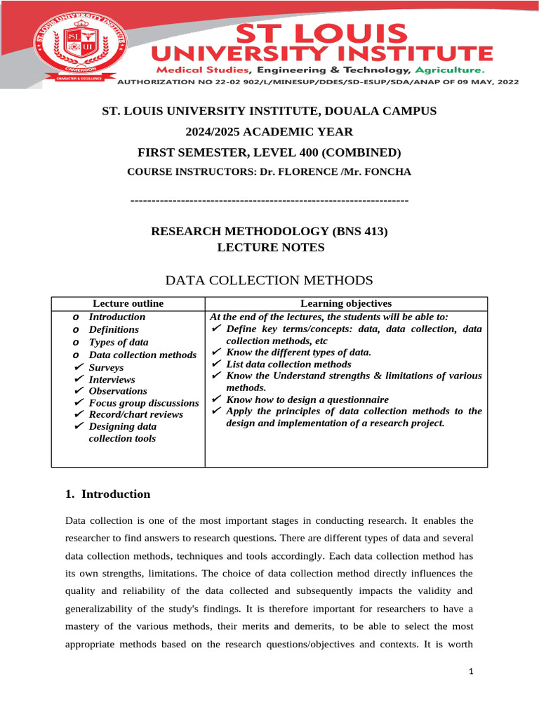 BNS 413 Data Collection Methods 2024 | PDF | Survey Methodology | Focus ...