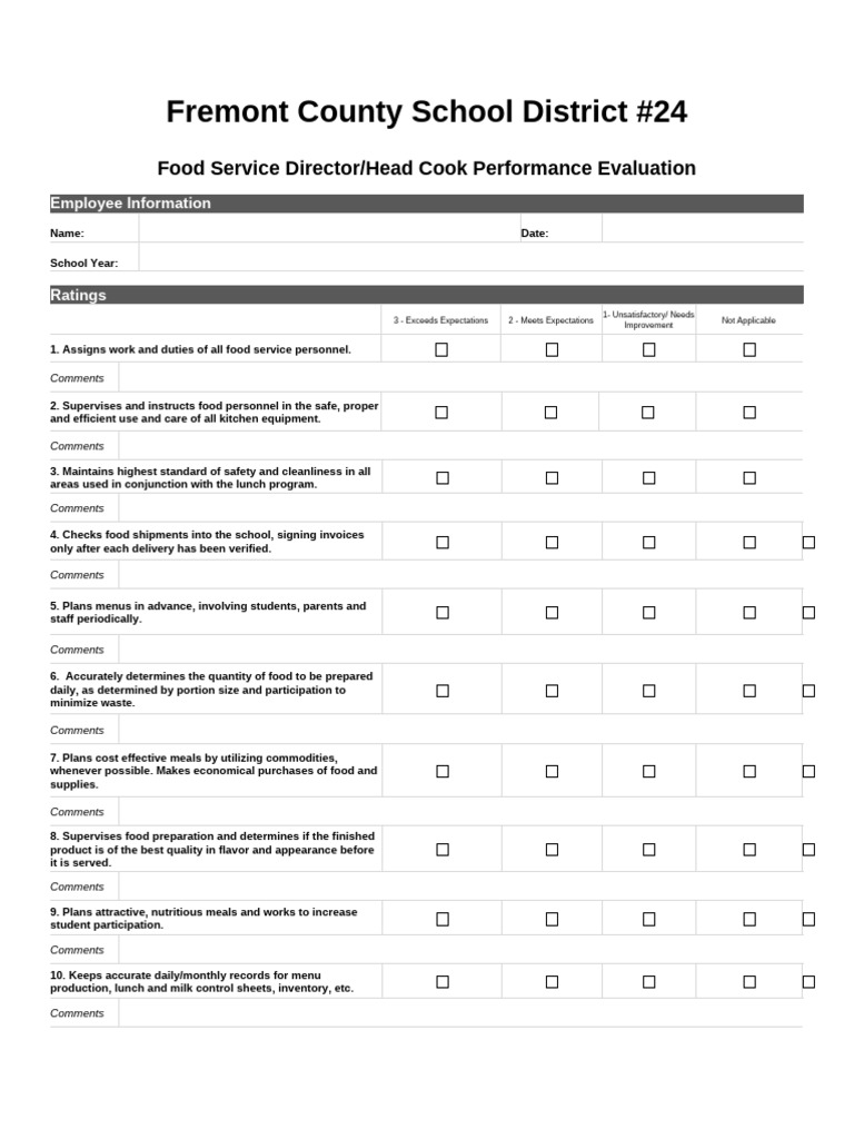 Cook Performance Evaluation Form | PDF | Menu | Performance Appraisal