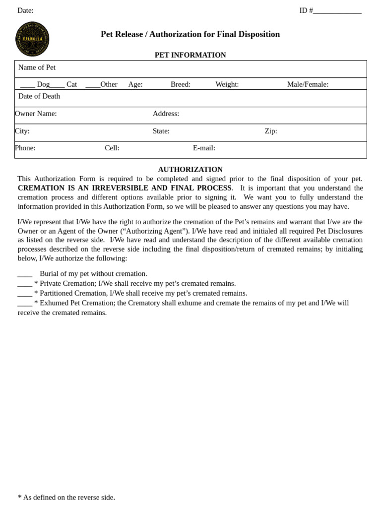Pet Cremation Authorization Form | PDF | Cremation | Funeral