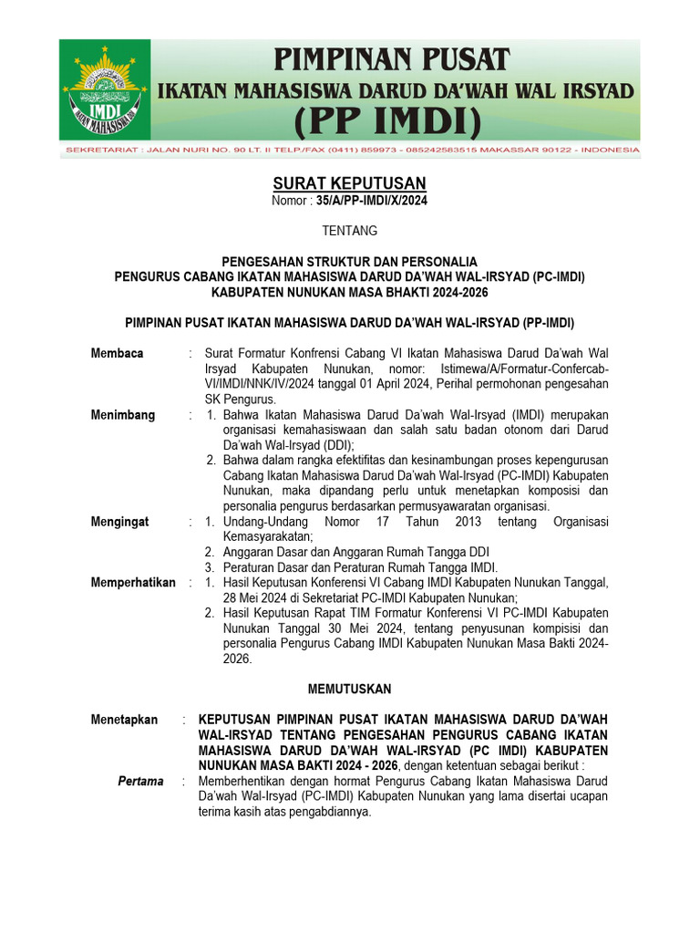 Pengesahan Pengurus IMDI Nunukan 2024-2026 | PDF