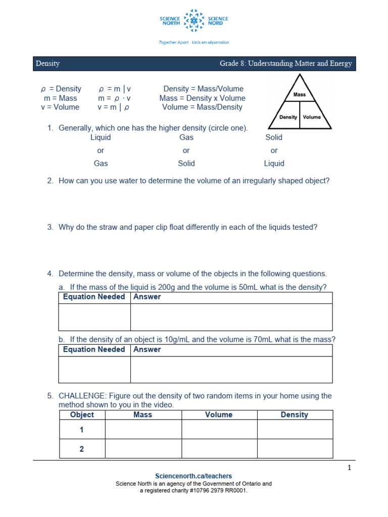 April 20 Grade 8 Density Worksheet | PDF
