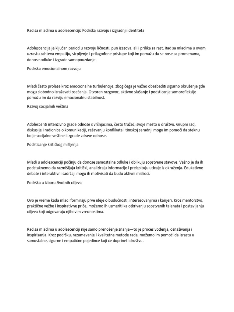Rad Sa Mladima U Adolescenciji | PDF