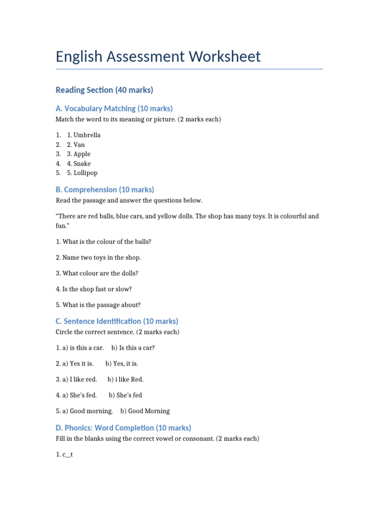 English Assessment Worksheet | PDF