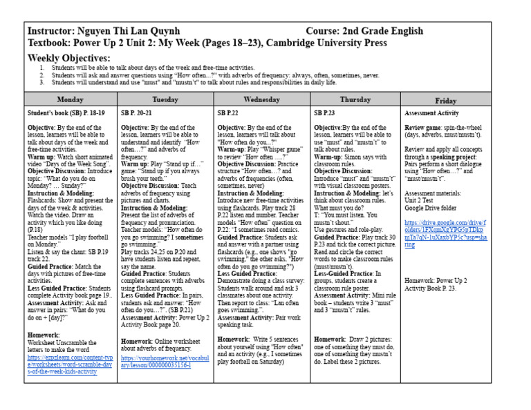 One Week Lesson Plan Lan Quynh | PDF | Cognition | Behavior Modification