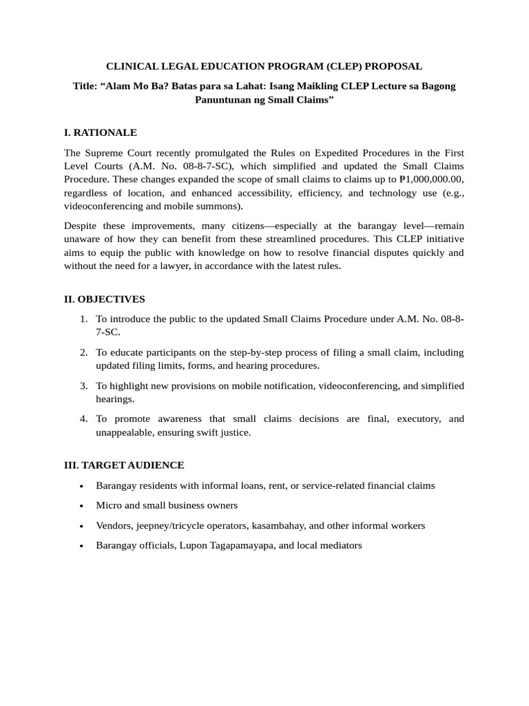 Clinical Legal Education Program (Clep) Proposal-Arines | PDF | Justice | Crime & Violence