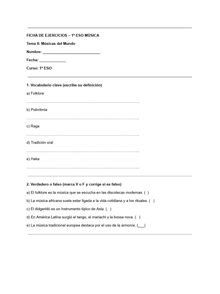 Ficha 1º ESO MÚSICAS DEL MUNDO | PDF