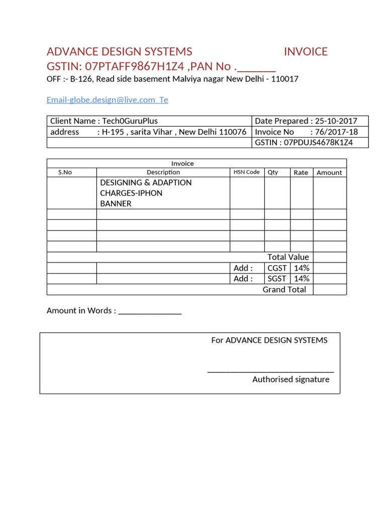Advance Design Systems Invoice 2017 | PDF