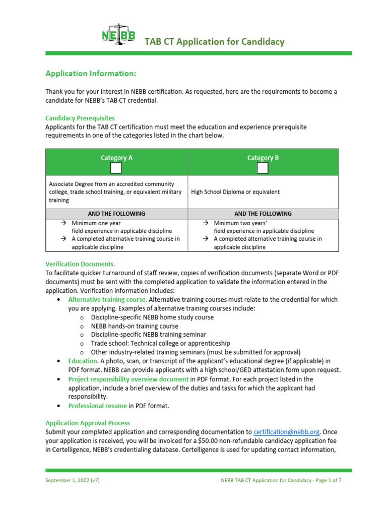 2022 NEBB TAB CT Application For Candidacy v7 2022.09.01 | PDF ...