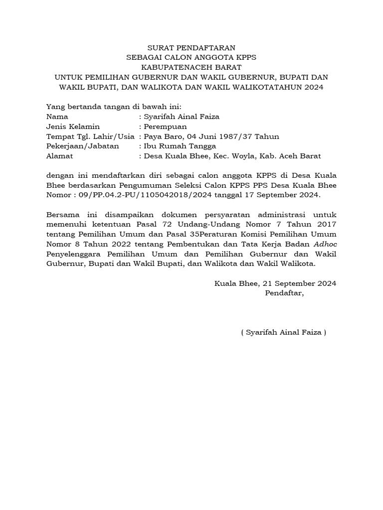 SURAT PENDAFTARAN Kak Pah | PDF