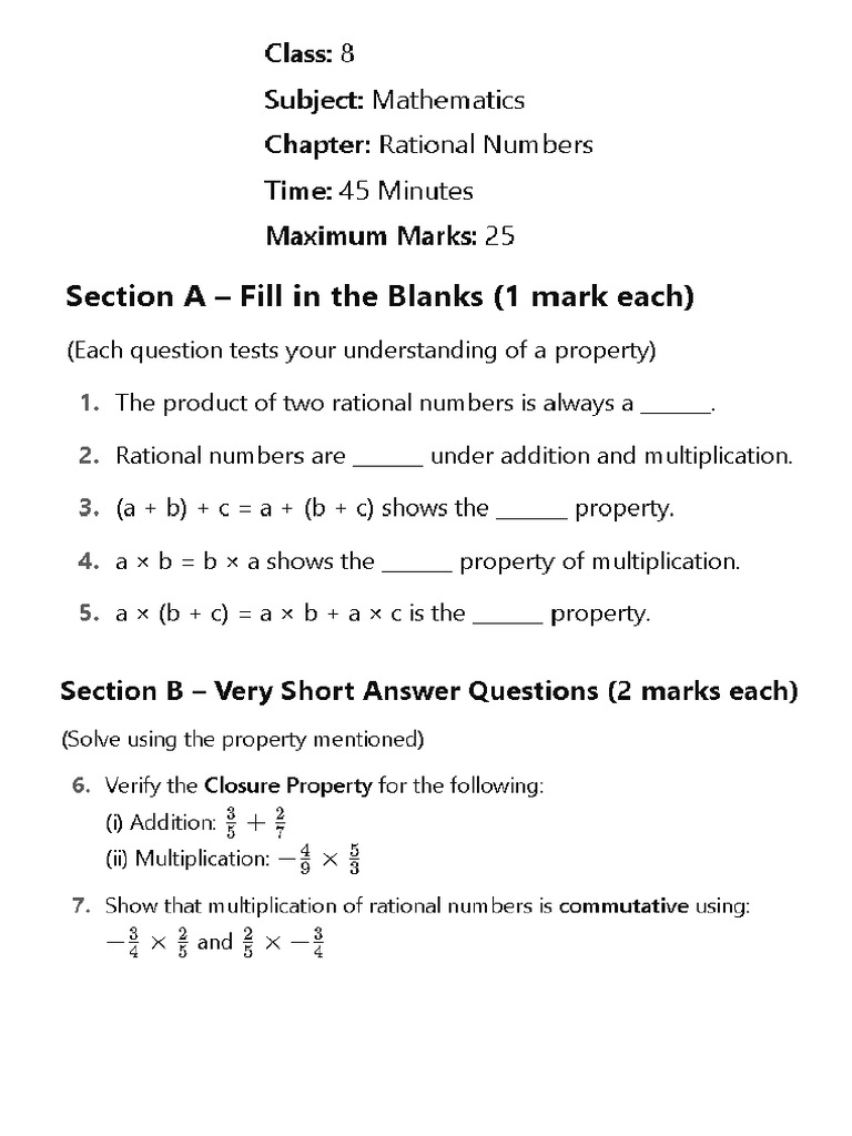 Rational Numbers - Test 1 | PDF