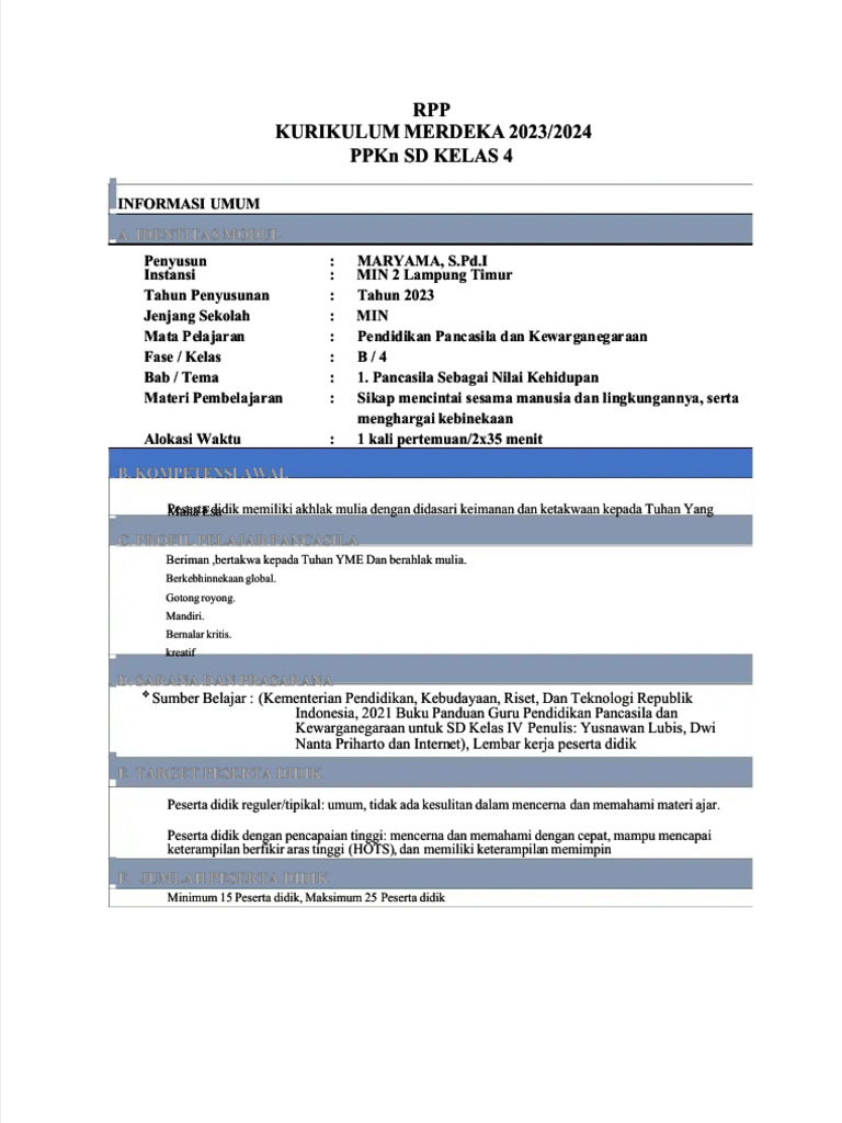 PDF RPP Kurikulum Merdeka 2023 2024 PPKN SD Kelas 4 A Identitas Modul - Compress | PDF