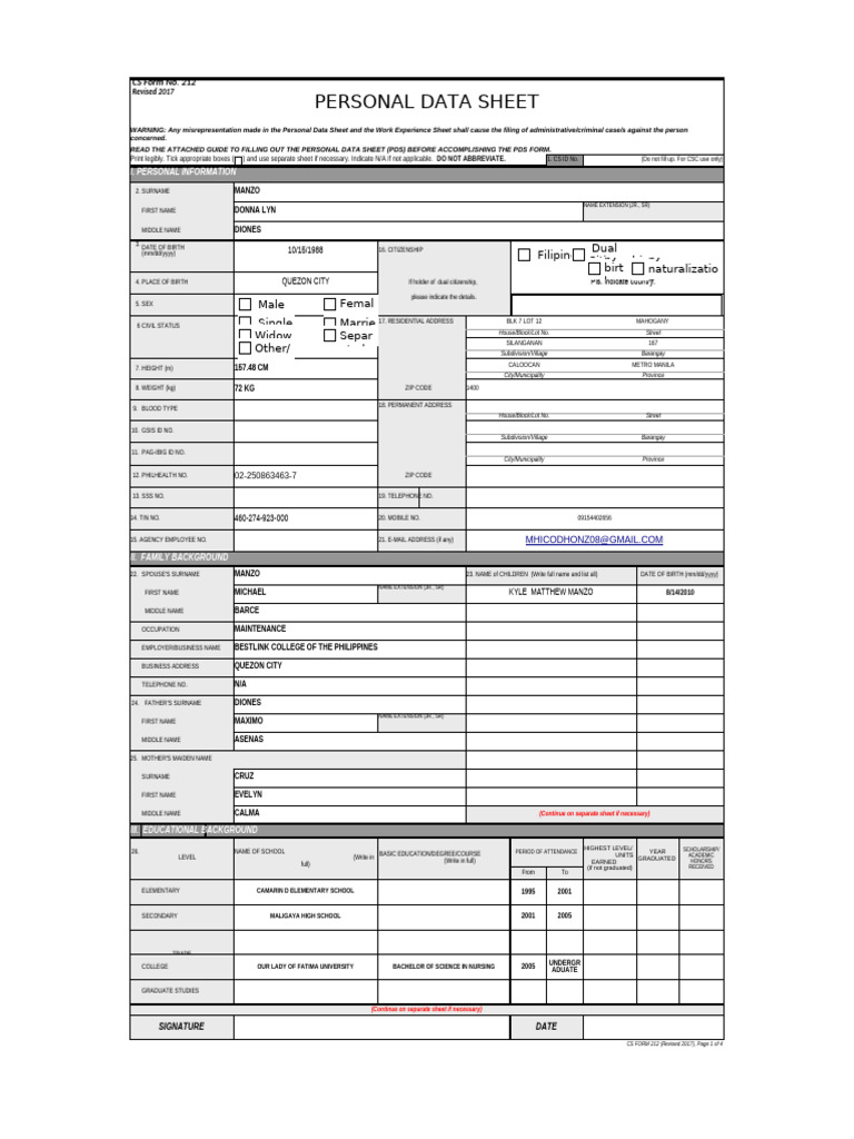 CS Form No. 212 Personal Data Sheet Revised | PDF